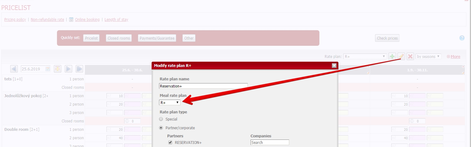 Meals settings – Documentation Previo.cz